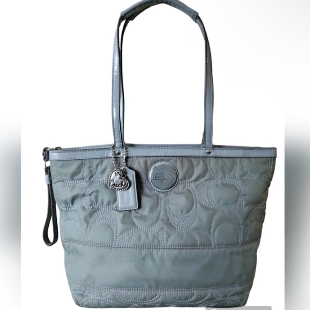 Coach Grey/Blue Signature Logo Quilt Stitched Purse - Gem